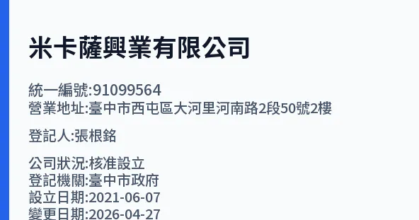 米卡薩興業有限公司的照片-統編 91099564(臺中市) 公司登記資料與營業項目詳細圖表