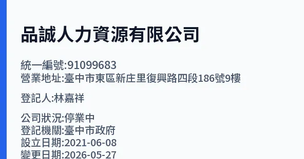 品誠人力資源有限公司的照片-統編 91099683(臺中市) 公司登記資料與營業項目詳細圖表