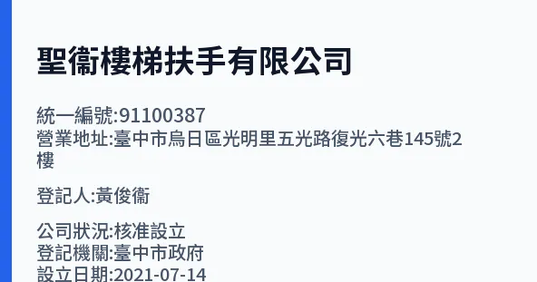 聖衞樓梯扶手有限公司的照片-統編 91100387(臺中市) 公司登記資料與營業項目詳細圖表