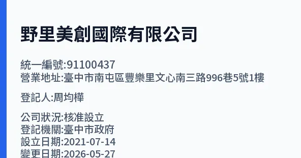 野里美創國際有限公司的照片-統編 91100437(臺中市) 公司登記資料與營業項目詳細圖表