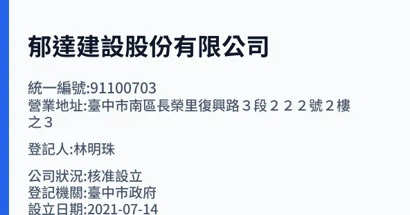 郁達建設股份有限公司的照片-統編 91100703(臺中市) 公司登記資料與營業項目詳細圖表