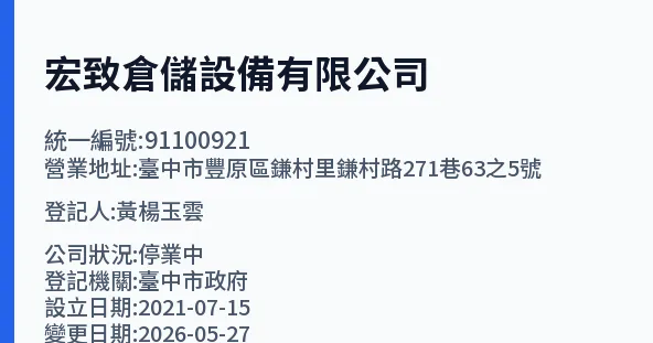 宏致倉儲設備有限公司的照片-統編 91100921(臺中市) 公司登記資料與營業項目詳細圖表