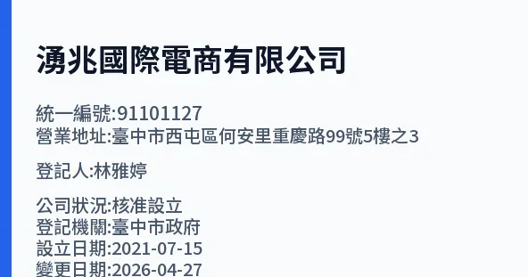 湧兆國際電商有限公司的照片-統編 91101127(臺中市) 公司登記資料與營業項目詳細圖表
