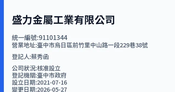 盛力金屬工業有限公司的照片-統編 91101344(臺中市) 公司登記資料與營業項目詳細圖表