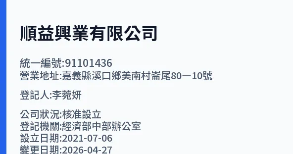 順益興業有限公司的照片-統編 91101436(嘉義縣) 公司登記資料與營業項目詳細圖表