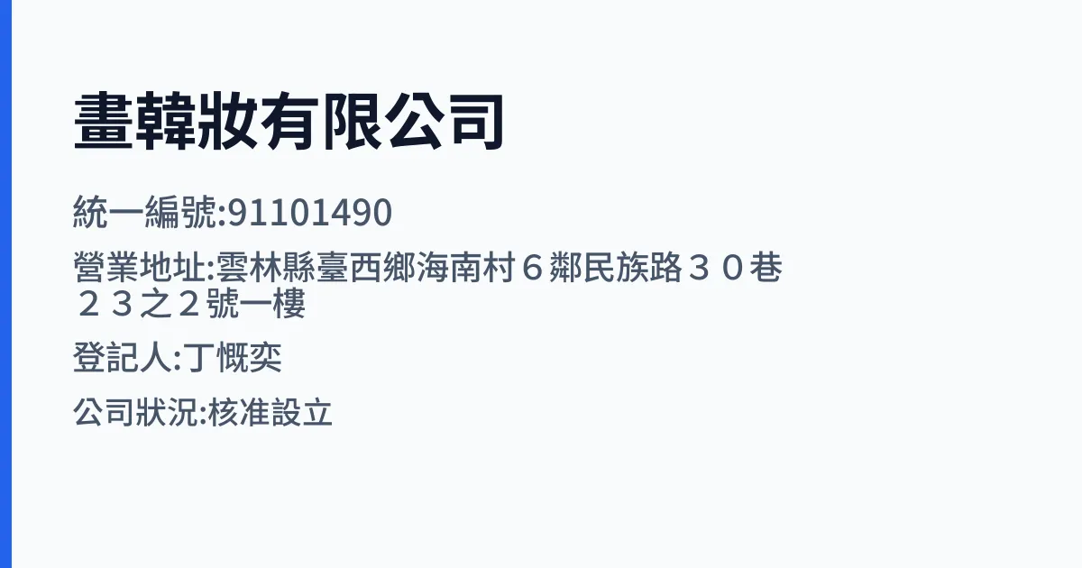 畫韓妝有限公司 - 統編 91101490(雲林縣) 公司登記資料與營業項目詳細圖表