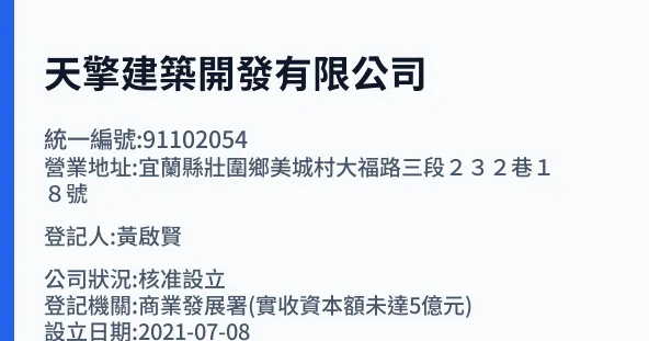 天擎建築開發有限公司的照片-統編 91102054(宜蘭縣) 公司登記資料與營業項目詳細圖表