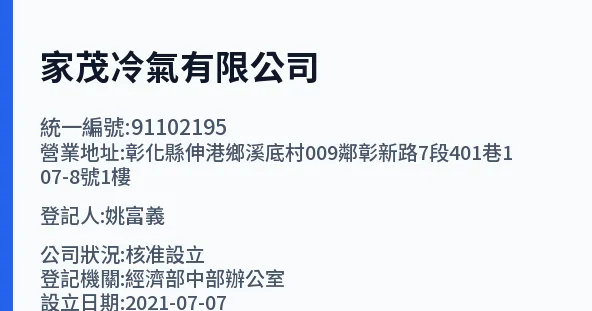 家茂冷氣有限公司的照片-統編 91102195(彰化縣) 公司登記資料與營業項目詳細圖表