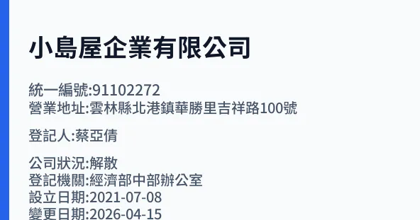 小島屋企業有限公司的照片-統編 91102272(雲林縣) 公司登記資料與營業項目詳細圖表