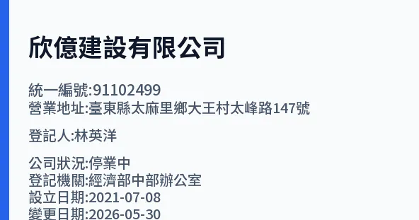 欣億建設有限公司的照片-統編 91102499(臺東縣) 公司登記資料與營業項目詳細圖表