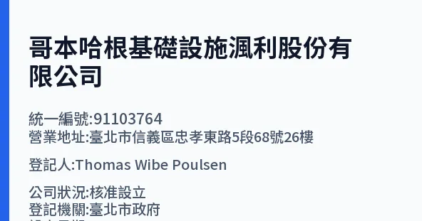 哥本哈根基礎設施渢利股份有限公司的照片-統編 91103764(臺北市) 公司登記資料與營業項目詳細圖表