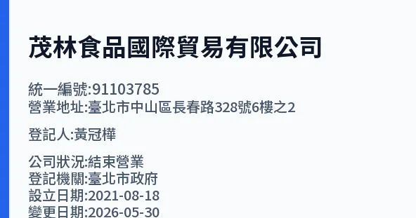 茂林食品國際貿易有限公司的照片-統編 91103785(臺北市) 公司登記資料與營業項目詳細圖表