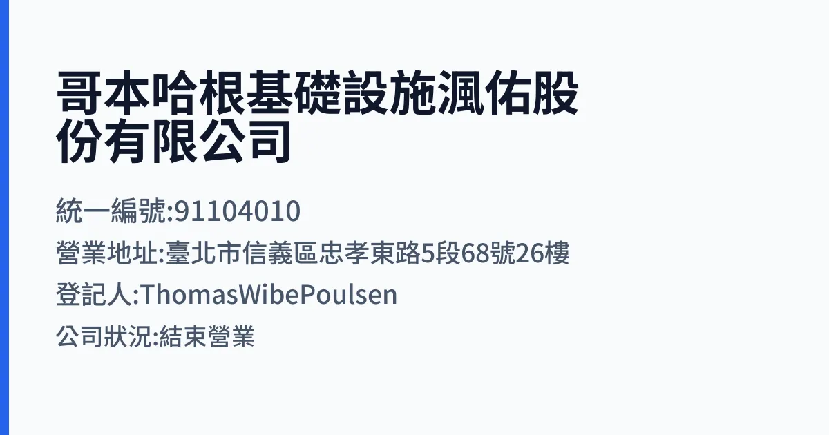 哥本哈根基礎設施渢佑股份有限公司 - 統編 91104010(臺北市) 公司登記資料與營業項目詳細圖表