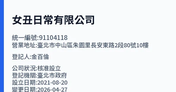 女丑日常有限公司的照片-統編 91104118(臺北市) 公司登記資料與營業項目詳細圖表