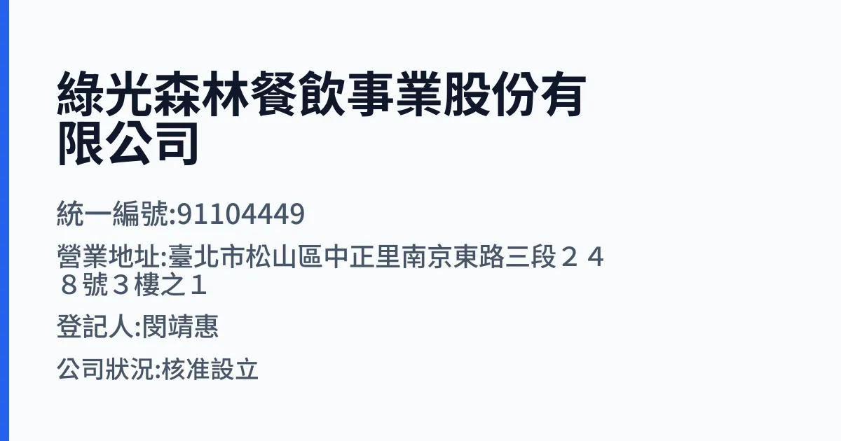 綠光森林餐飲事業股份有限公司 - 統編 91104449(臺北市) 公司登記資料與營業項目詳細圖表