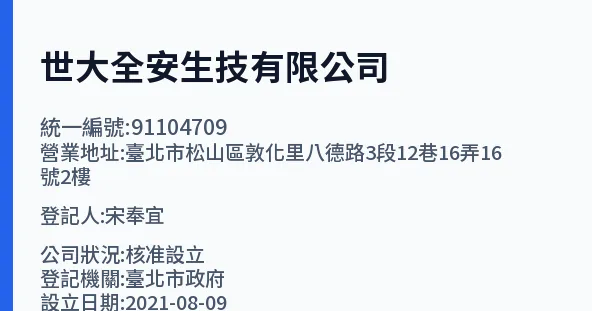 世大全安生技有限公司的照片-統編 91104709(臺北市) 公司登記資料與營業項目詳細圖表