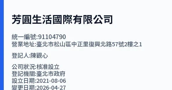 芳圓生活國際有限公司的照片-統編 91104790(臺北市) 公司登記資料與營業項目詳細圖表