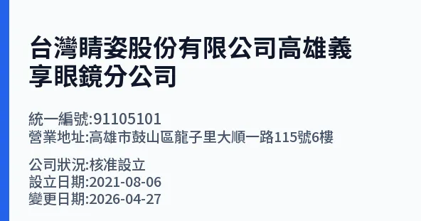台灣睛姿股份有限公司高雄義享眼鏡分公司的照片-統編 91105101(高雄市) 公司登記資料與營業項目詳細圖表