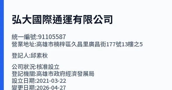 弘大國際通運有限公司的照片-統編 91105587(高雄市) 公司登記資料與營業項目詳細圖表