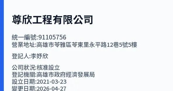 尊欣工程有限公司的照片-統編 91105756(高雄市) 公司登記資料與營業項目詳細圖表