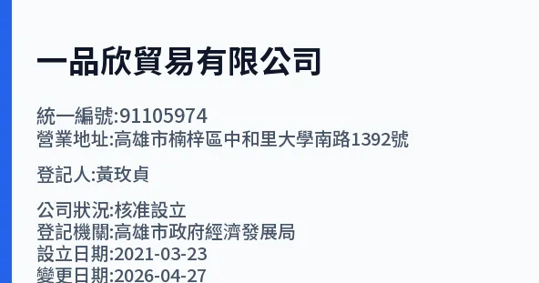 一品欣貿易有限公司的照片-統編 91105974(高雄市) 公司登記資料與營業項目詳細圖表