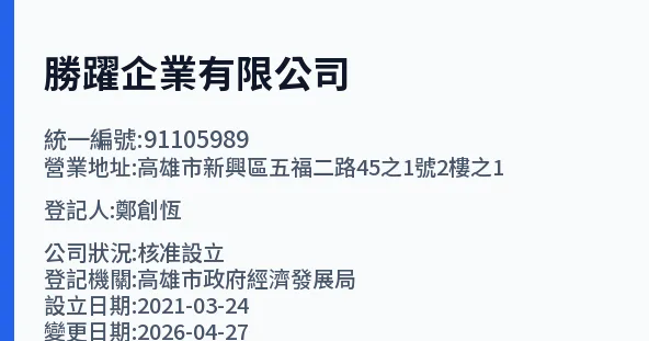 勝躍企業有限公司的照片-統編 91105989(高雄市) 公司登記資料與營業項目詳細圖表