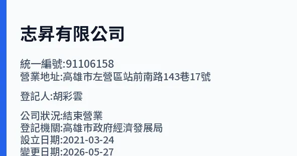 志昇有限公司的照片-統編 91106158(高雄市) 公司登記資料與營業項目詳細圖表