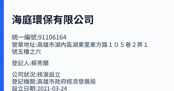 海庭環保有限公司的照片-統編 91106164(高雄市) 公司登記資料與營業項目詳細圖表