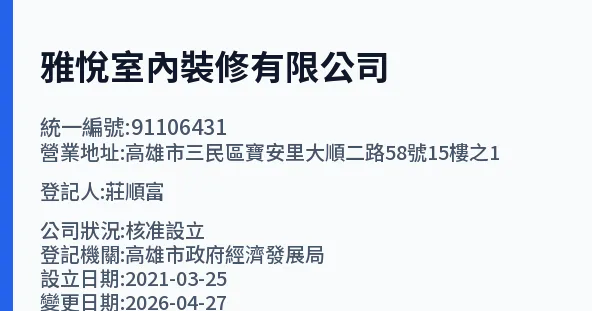 雅悅室內裝修有限公司的照片-統編 91106431(高雄市) 公司登記資料與營業項目詳細圖表
