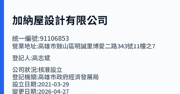 加納屋設計有限公司的照片-統編 91106853(高雄市) 公司登記資料與營業項目詳細圖表