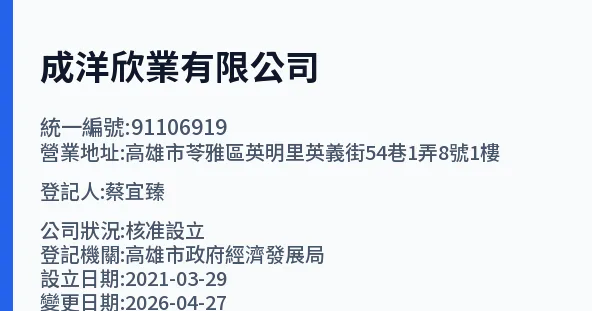 成洋欣業有限公司的照片-統編 91106919(高雄市) 公司登記資料與營業項目詳細圖表