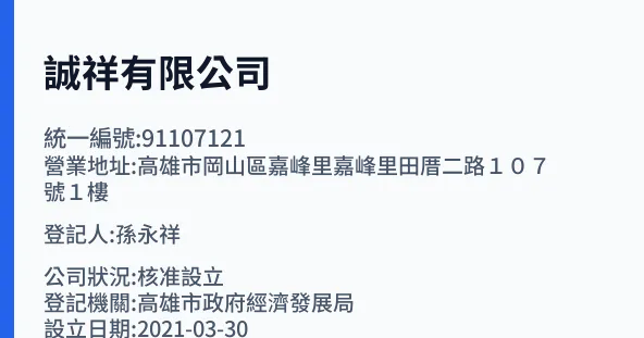 誠祥有限公司的照片-統編 91107121(高雄市) 公司登記資料與營業項目詳細圖表