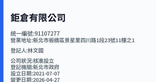 鉅倉有限公司的照片-統編 91107277(新北市) 公司登記資料與營業項目詳細圖表