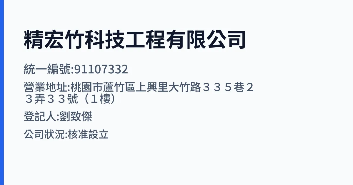 精宏竹科技工程有限公司 - 統編 91107332(桃園市) 公司登記資料與營業項目詳細圖表