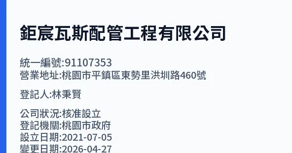 鉅宸瓦斯配管工程有限公司的照片-統編 91107353(桃園市) 公司登記資料與營業項目詳細圖表