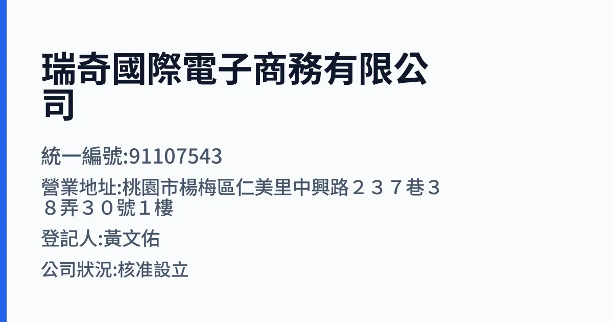 瑞奇國際電子商務有限公司 - 統編 91107543(桃園市) 公司登記資料與營業項目詳細圖表