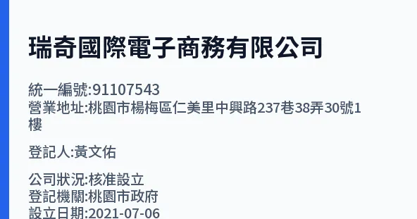 瑞奇國際電子商務有限公司的照片-統編 91107543(桃園市) 公司登記資料與營業項目詳細圖表