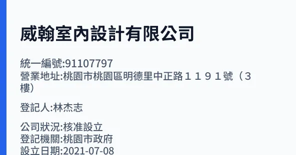 威翰室內設計有限公司的照片-統編 91107797(桃園市) 公司登記資料與營業項目詳細圖表