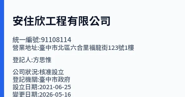 安住欣工程有限公司的照片-統編 91108114(臺中市) 公司登記資料與營業項目詳細圖表