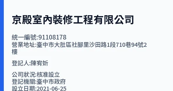 京殿室內裝修工程有限公司的照片-統編 91108178(臺中市) 公司登記資料與營業項目詳細圖表
