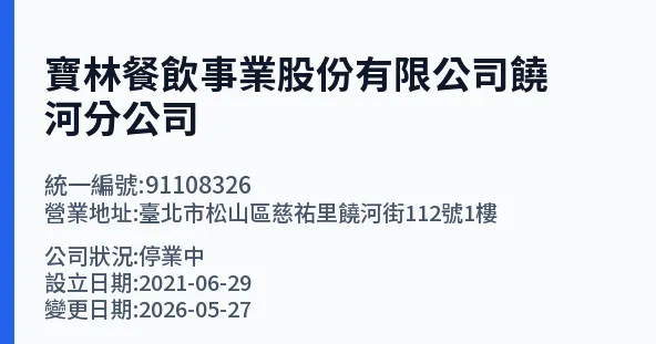 寶林餐飲事業股份有限公司饒河分公司的照片-統編 91108326(臺北市) 公司登記資料與營業項目詳細圖表