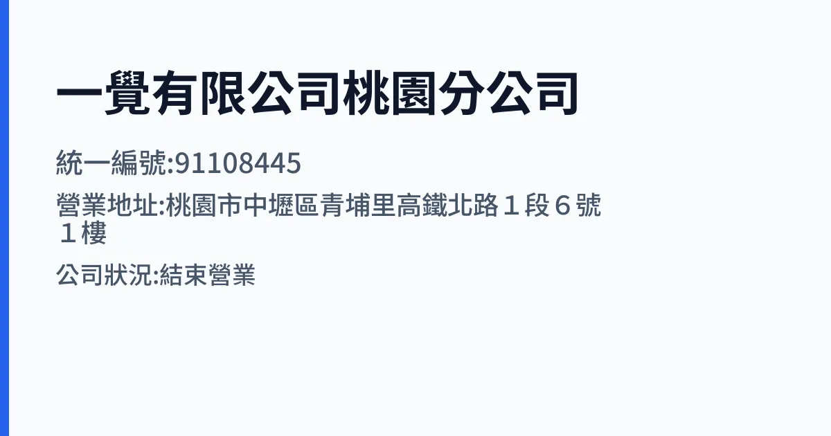 一覺有限公司桃園分公司 - 統編 91108445(桃園市) 公司登記資料與營業項目詳細圖表