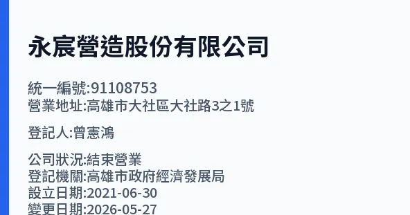 永宸營造股份有限公司的照片-統編 91108753(高雄市) 公司登記資料與營業項目詳細圖表