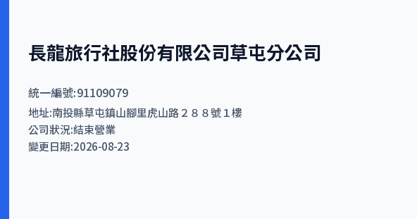 長龍旅行社股份有限公司草屯分公司的照片-統編 91109079(南投縣) 公司登記資料與營業項目詳細圖表