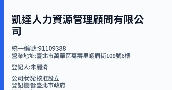 凱達人力資源管理顧問有限公司的照片-統編 91109388(臺北市) 公司登記資料與營業項目詳細圖表