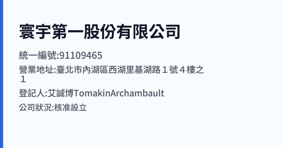寰宇第一股份有限公司 - 統編 91109465(臺北市) 公司登記資料與營業項目詳細圖表