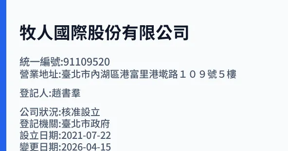 牧人國際股份有限公司的照片-統編 91109520(臺北市) 公司登記資料與營業項目詳細圖表
