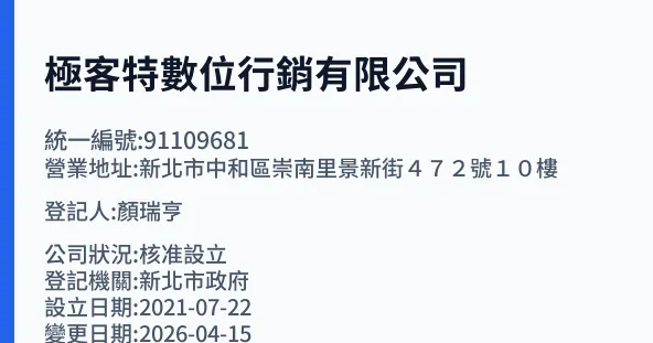 極客特數位行銷有限公司的照片-統編 91109681(新北市) 公司登記資料與營業項目詳細圖表