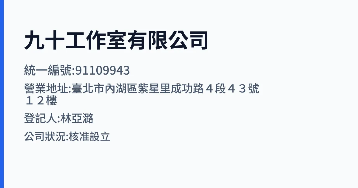 九十工作室有限公司 - 統編 91109943(臺北市) 公司登記資料與營業項目詳細圖表