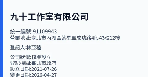 九十工作室有限公司的照片-統編 91109943(臺北市) 公司登記資料與營業項目詳細圖表